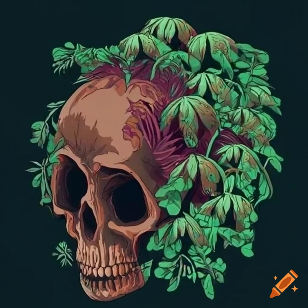 Artistic depiction of a skull surrounded by overgrown vegetation on Craiyon