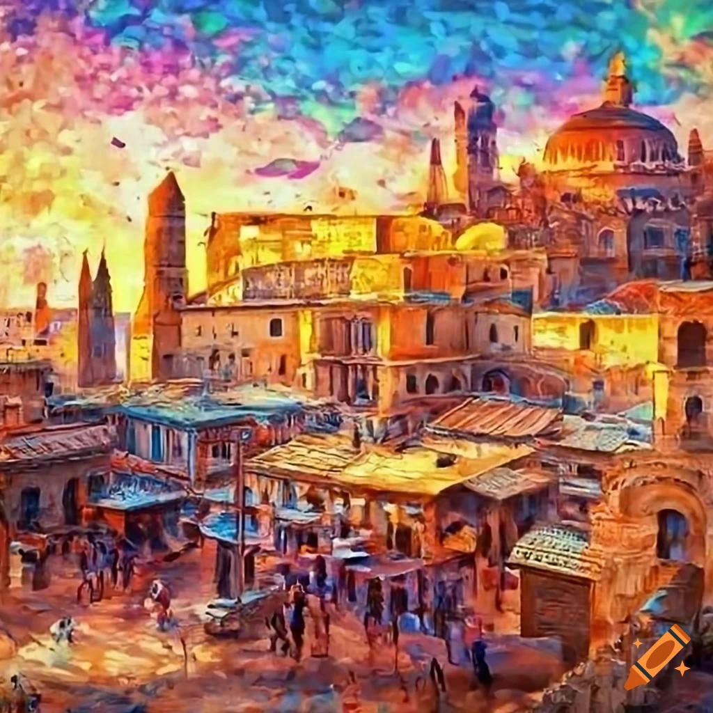 Colorful painting of a roman city overlooking the sea on Craiyon