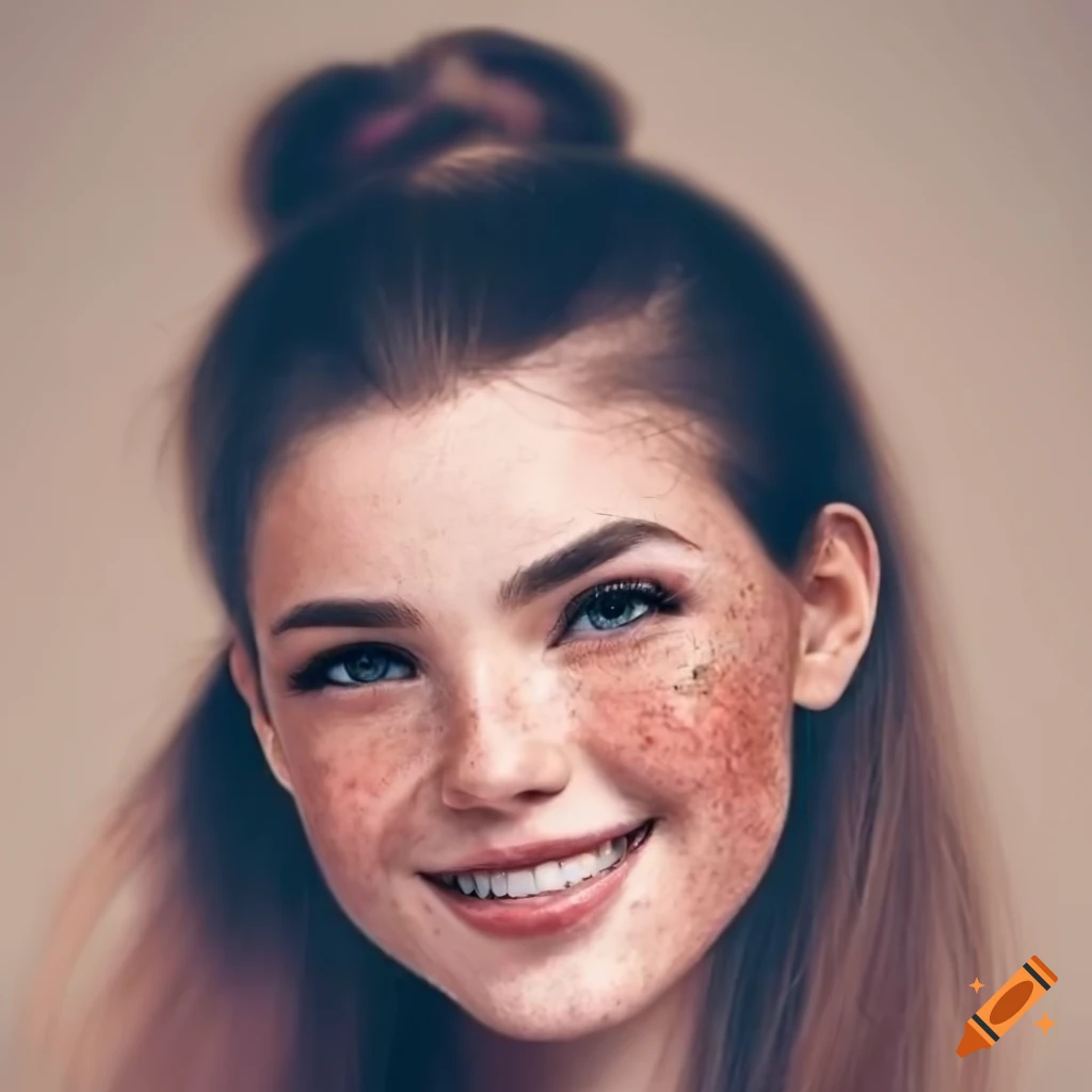 High resolution portrait of a smiling young woman with freckles