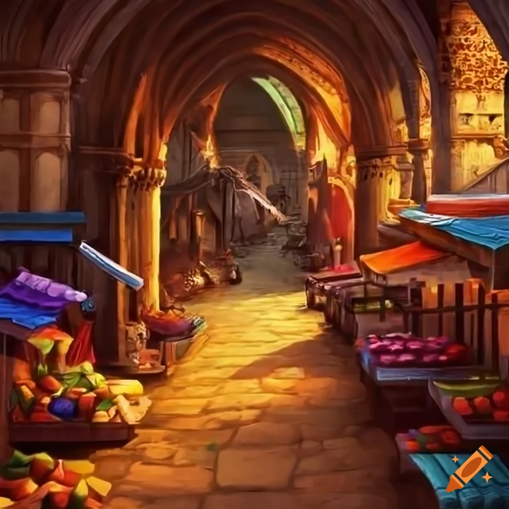 Colorful marketplace in a medieval fantasy world