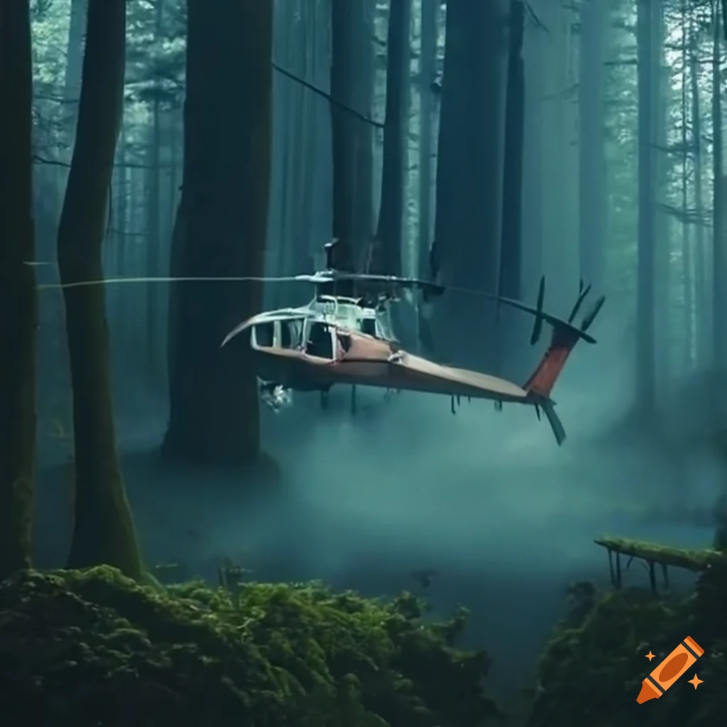 Smoky forest with a crashed helicopter
