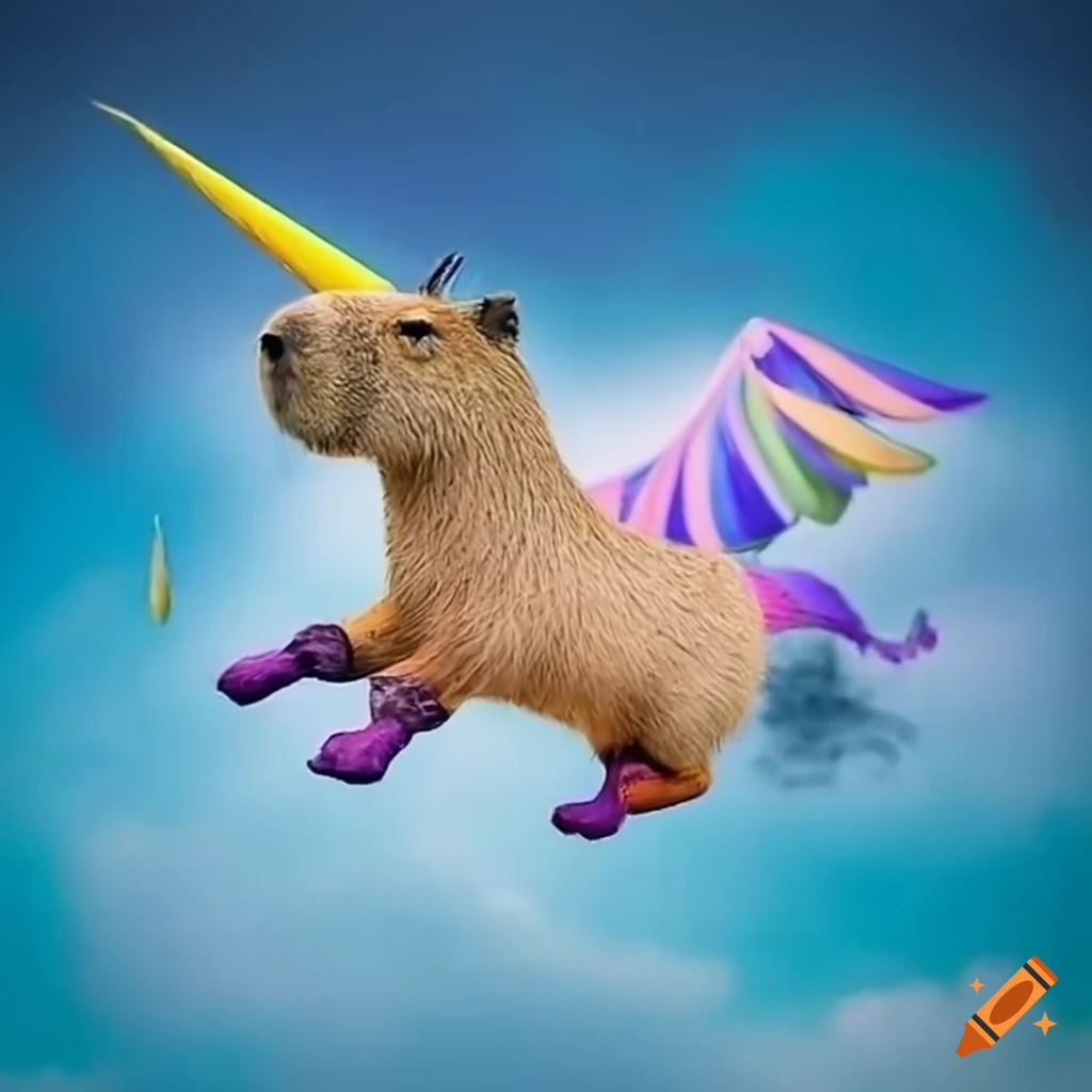 Humorous illustration of a capybara unicorn flying on a cloud on Craiyon