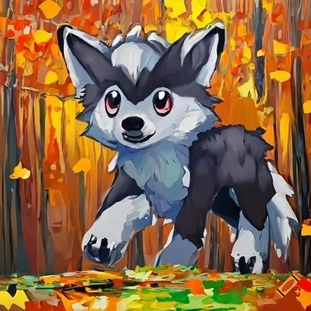 Black and white painting of a pokemon wolf cub in autumn forest on Craiyon