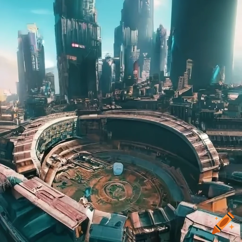 Ruined cyberpunk city under a city-wide dome on Craiyon