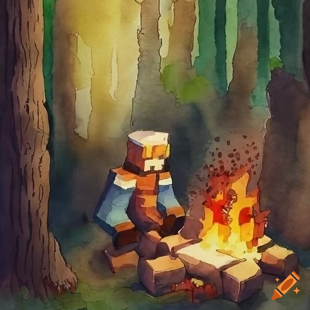 Watercolor painting of a minecraft character in a mystical woods on Craiyon