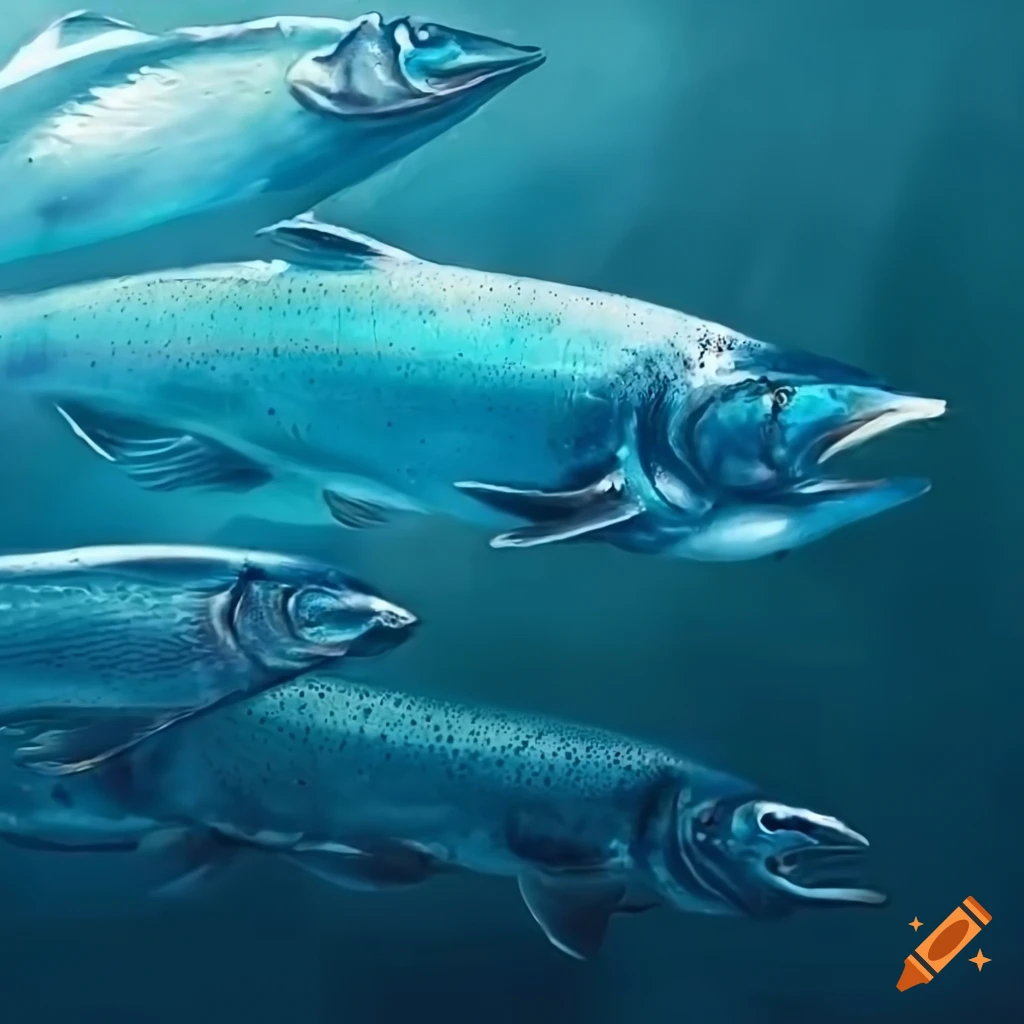 Watercolor painting of atlantic salmon in blue waters
