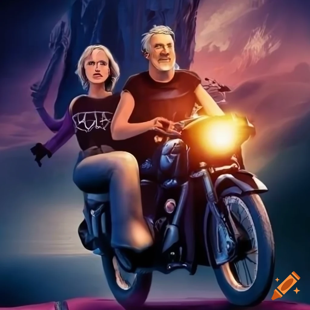 Disney poster with a man on a motorcycle surrounded by women on Craiyon