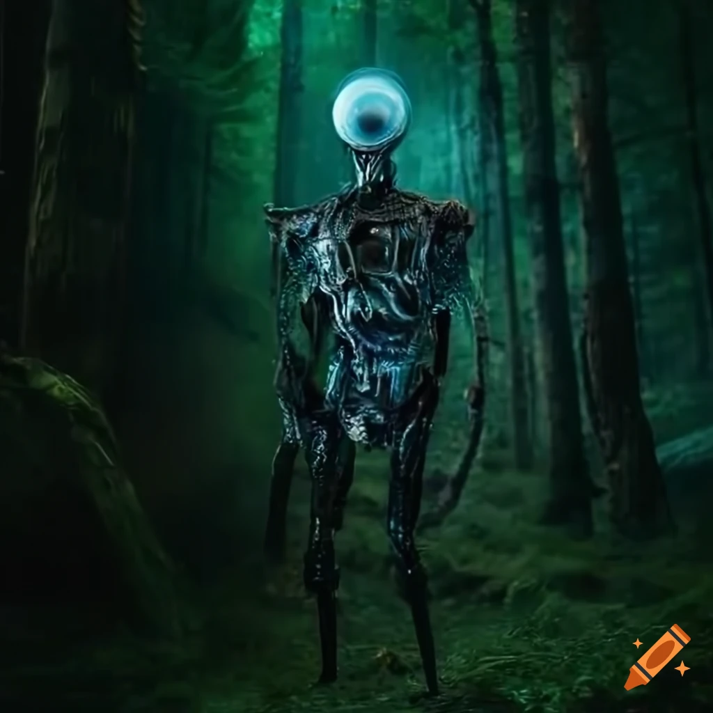 Alien robot man standing in a forest