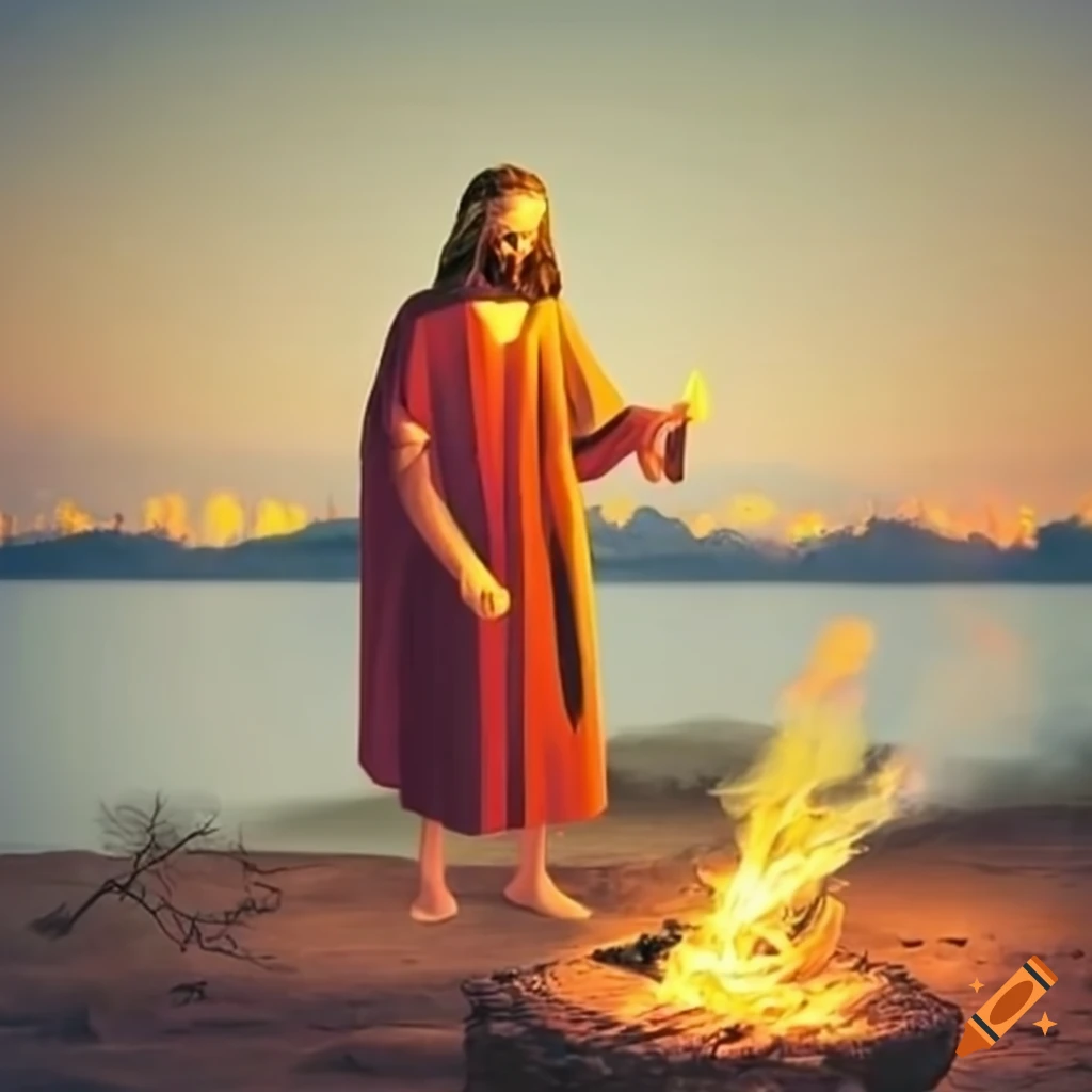 Jesus sitting next to a campfire by the lake on Craiyon
