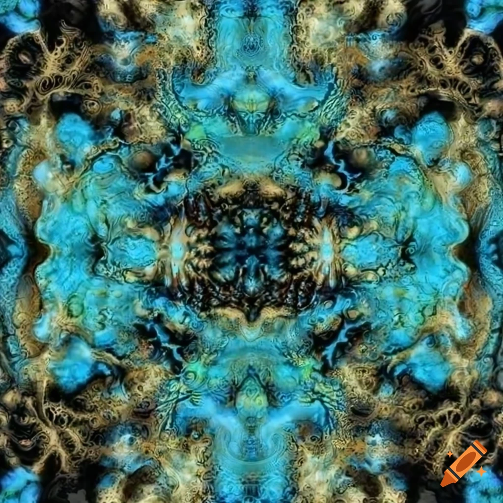 High resolution complex fractal pattern in blue, green, gold, and black ...