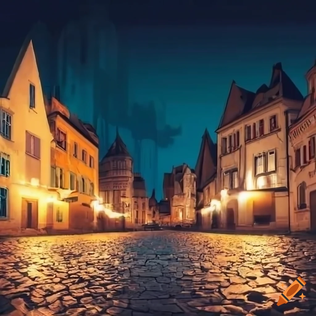Medieval town center with fountain and stone buildings on Craiyon