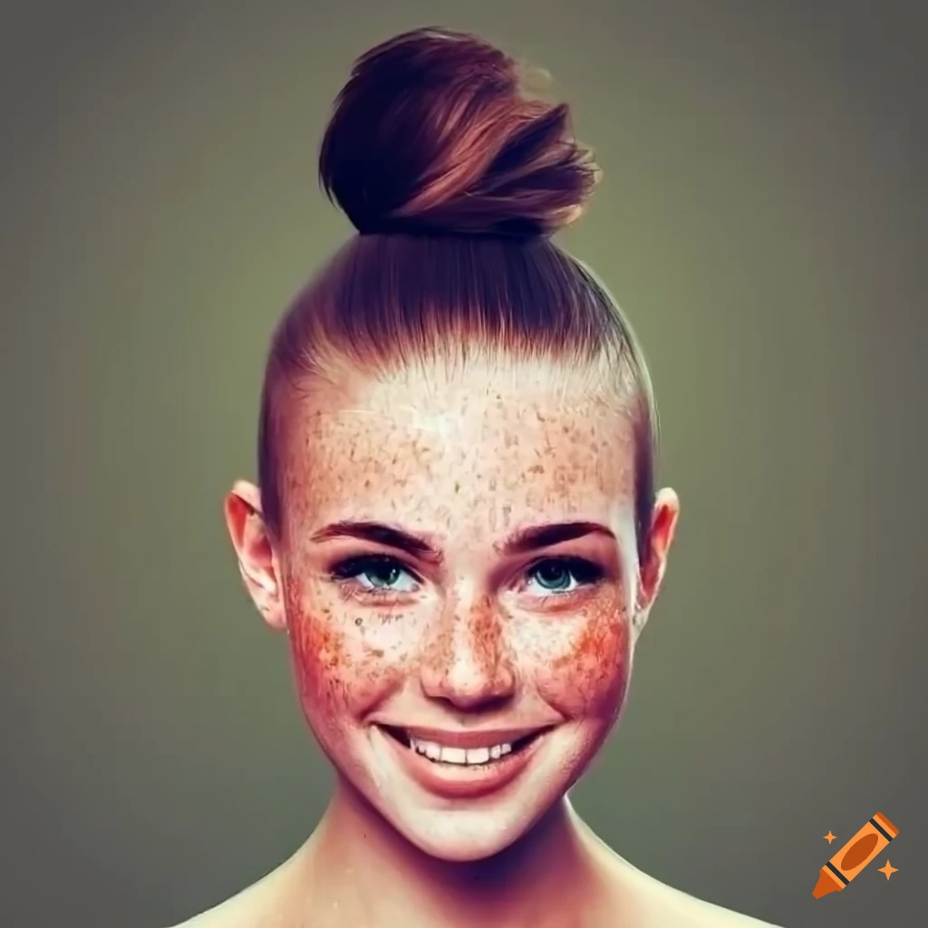 Portrait of beautiful young woman with freckles and brown hair on Craiyon