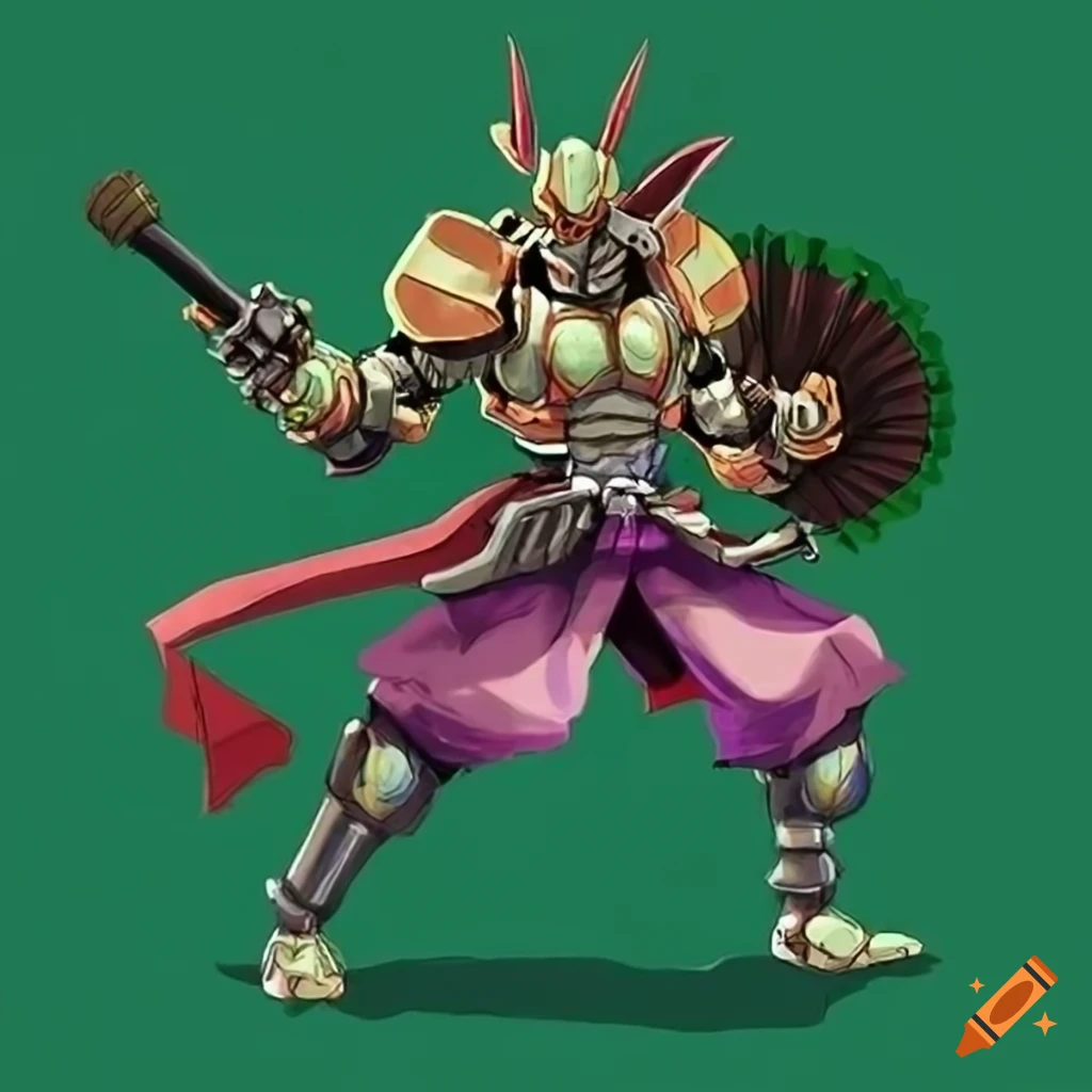 Anime art of a machine warrior with a war fan