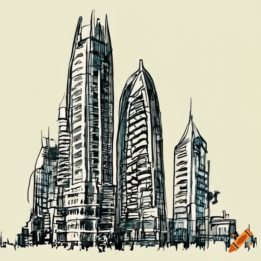 Sketch of modern high-rise buildings and people