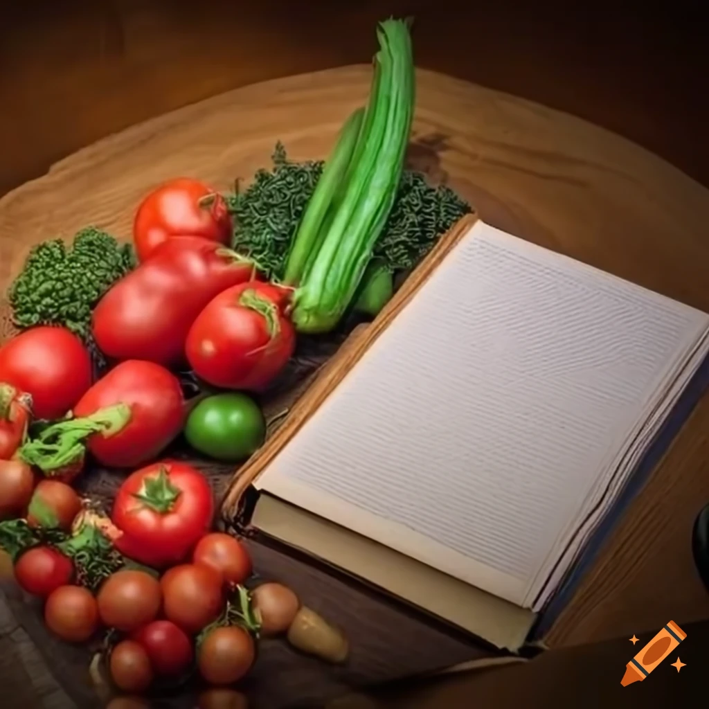Book cover on a table with vegetables