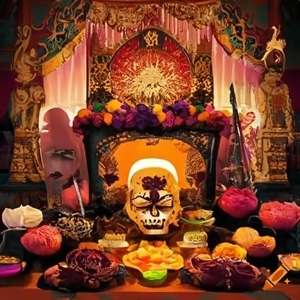 Altar de día de Muertos with flowers and food on Craiyon