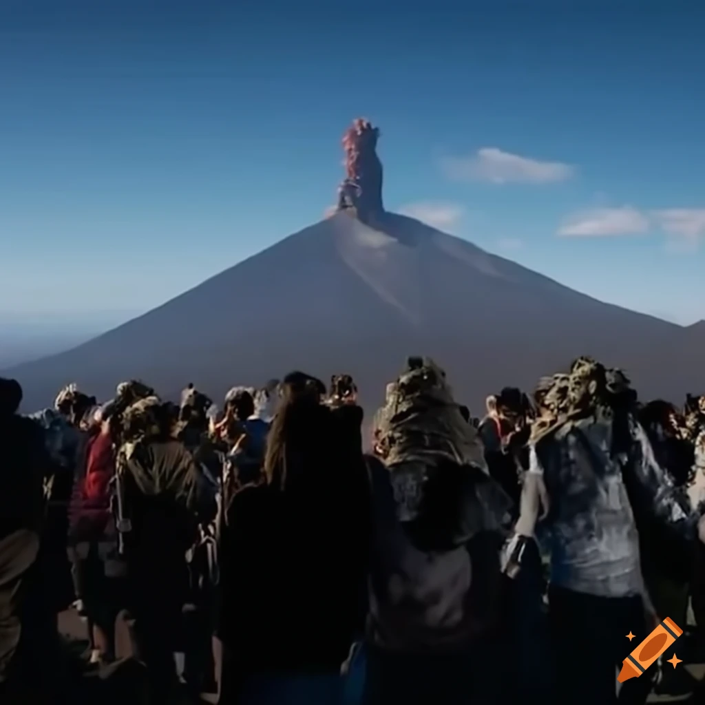 Image of a huge crowd of tourists near teide during a godzilla attack ...