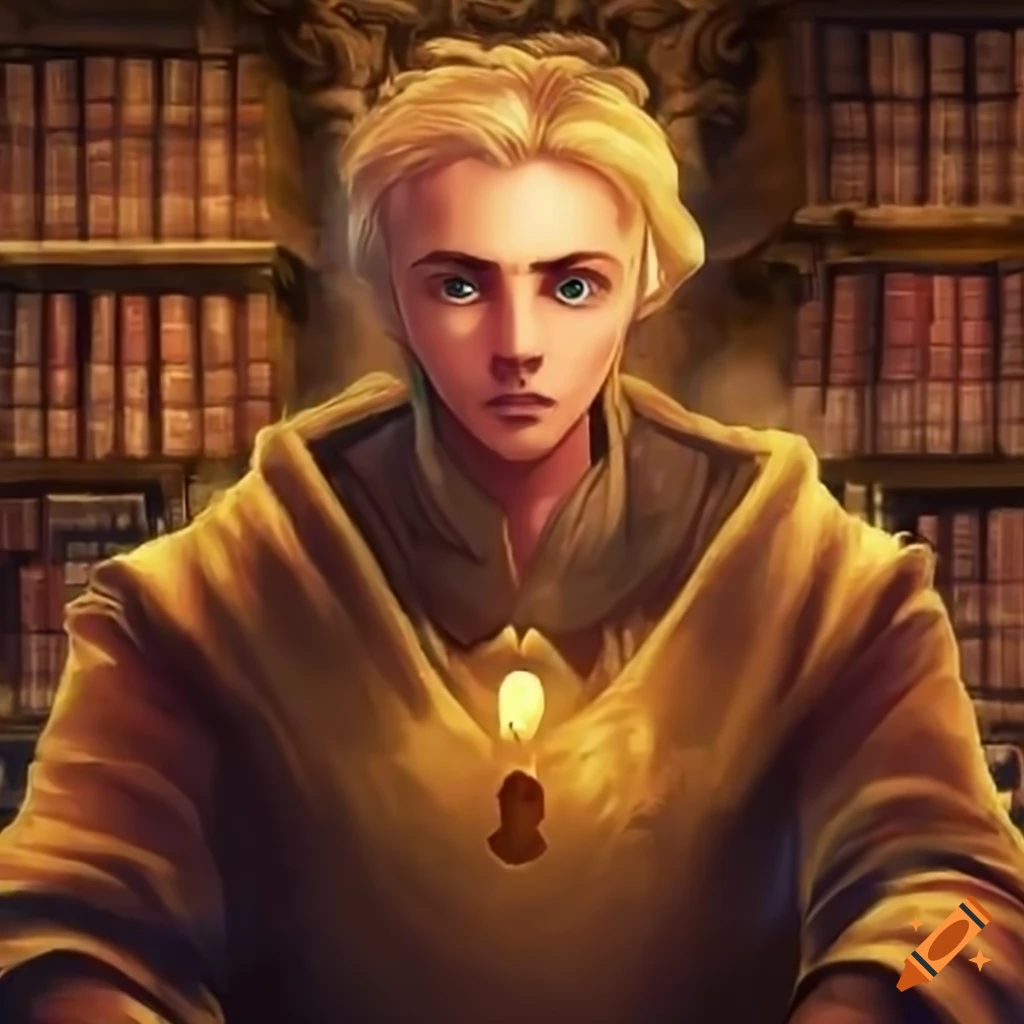 Blond male protagonist in the library of candlekeep on Craiyon
