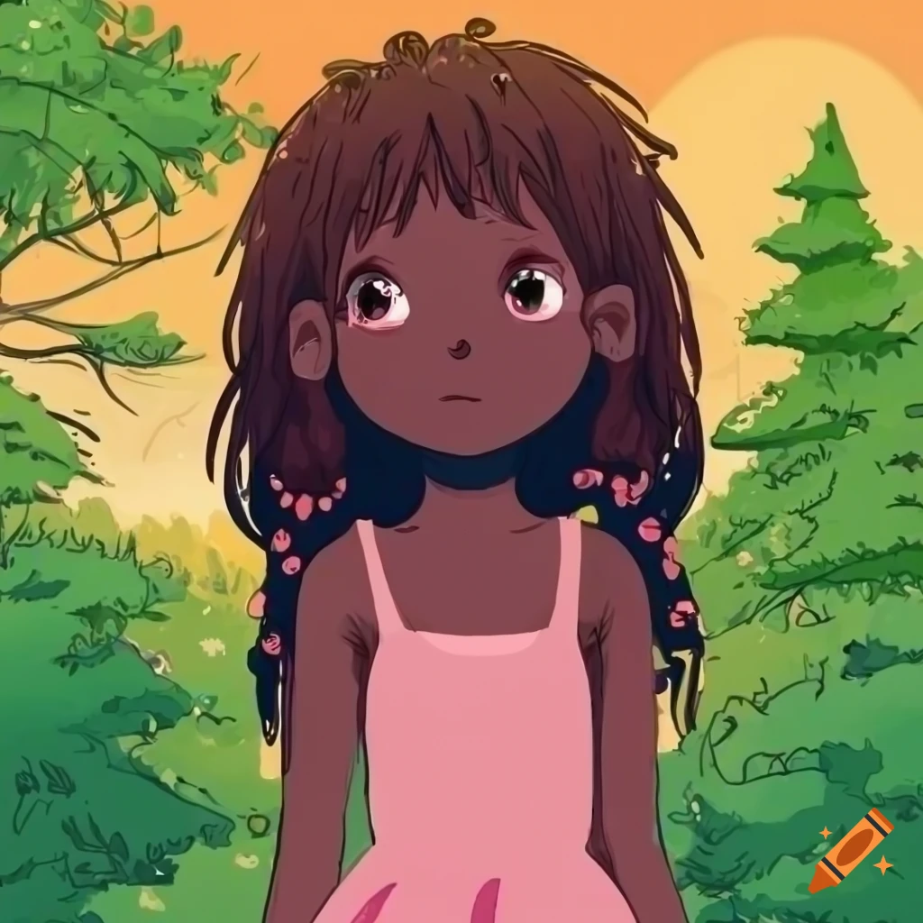 Cartoon illustration of a girl in a pink sundress in the forest on Craiyon