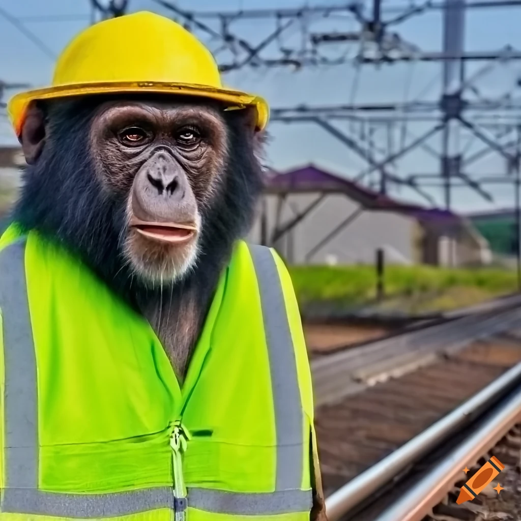 Chimpanzee wearing reflective vest with giant wrench on Craiyon