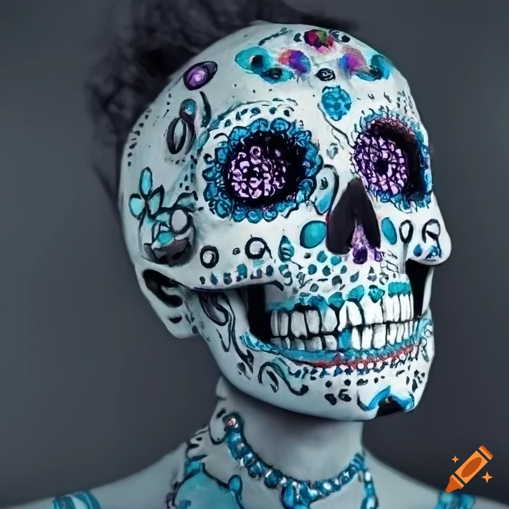 Blue monotone day of the dead skull art