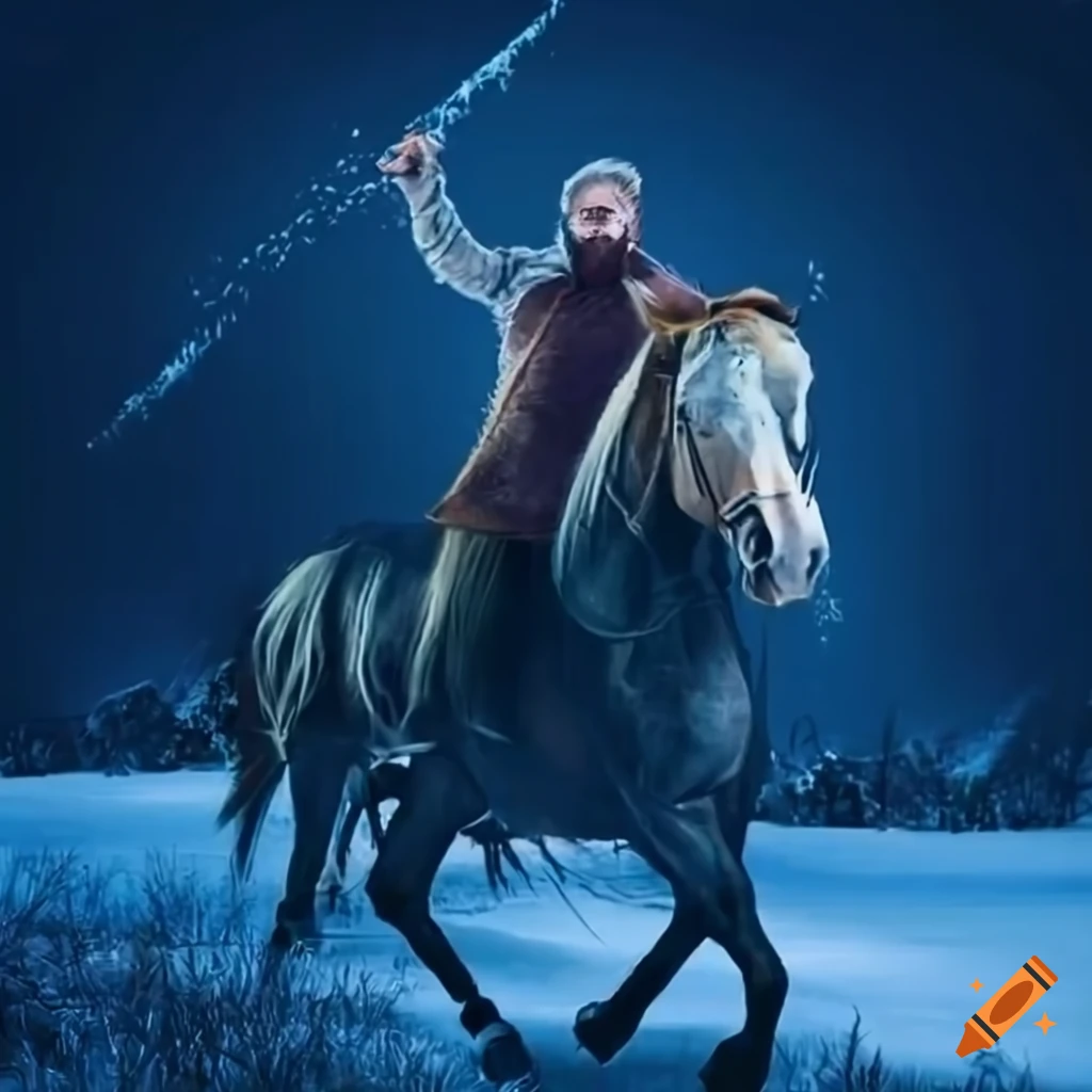 Image of a man on horseback with a frozen lance in the winter night