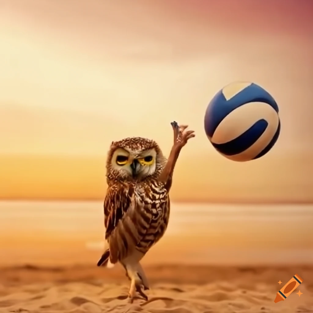 Owl playing volleyball on the beach
