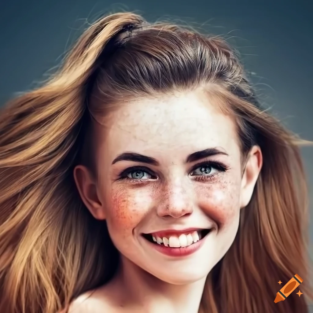 High resolution portrait of a young woman with freckles and a smile on ...