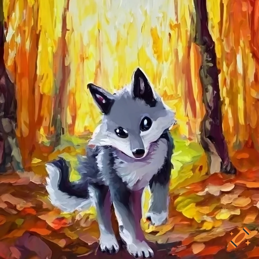 Palette knife painting of a black and white pokemon wolf cub on Craiyon
