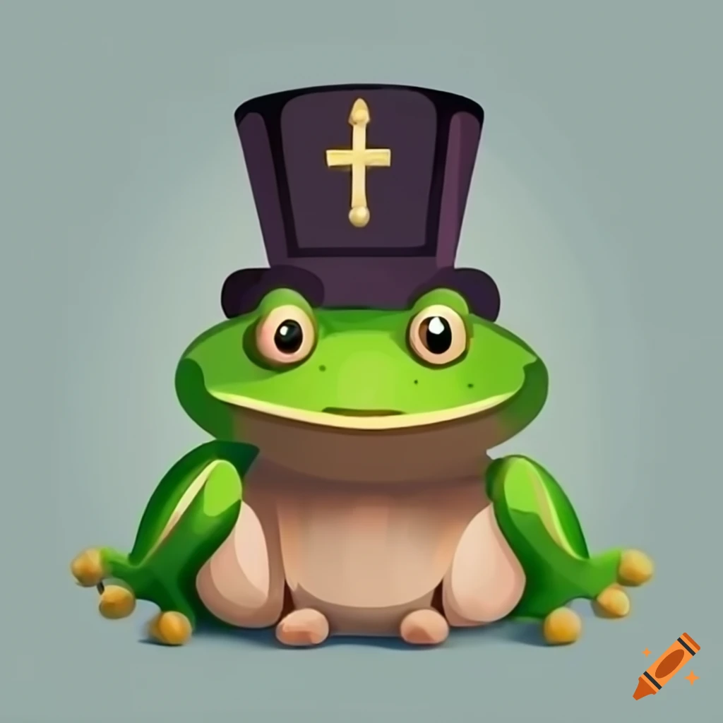 Adorable frog in a priest hat holding a cross