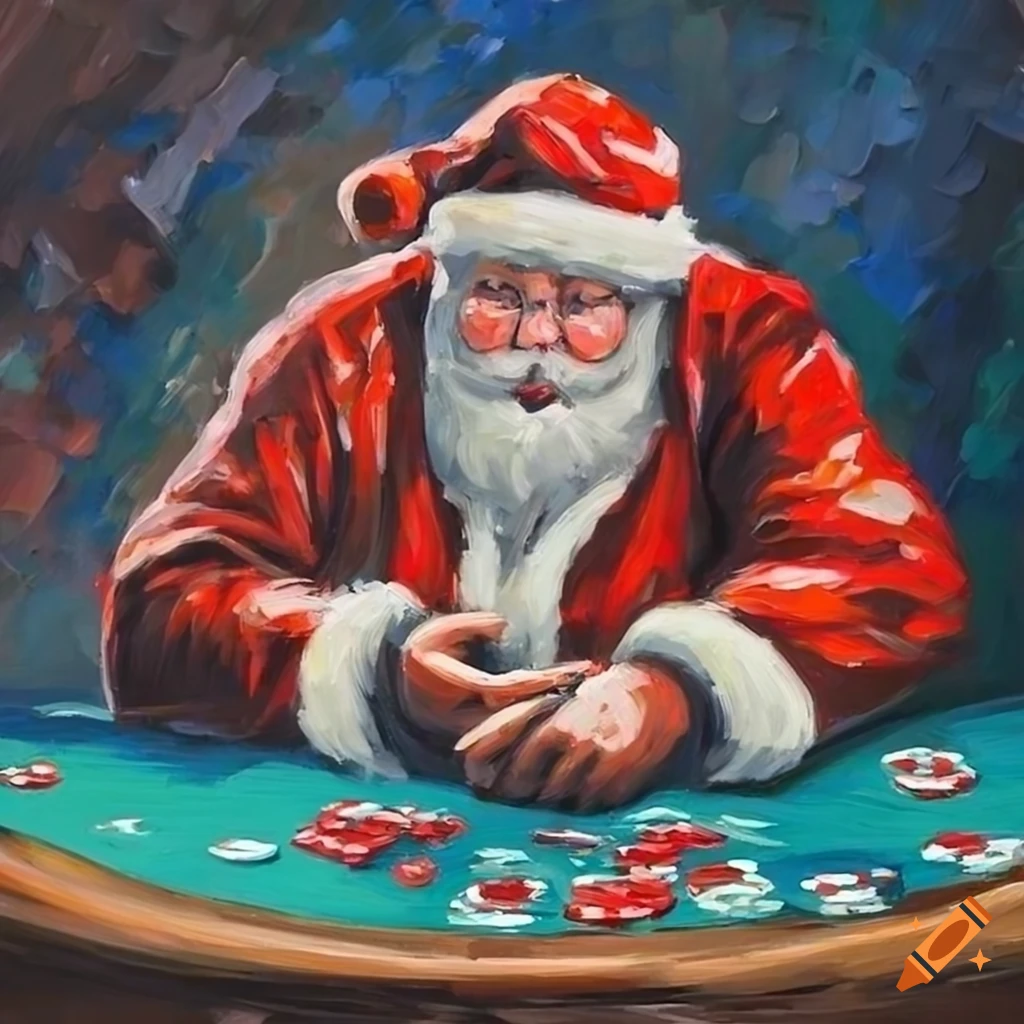 Knife palette painting of santa playing poker on Craiyon