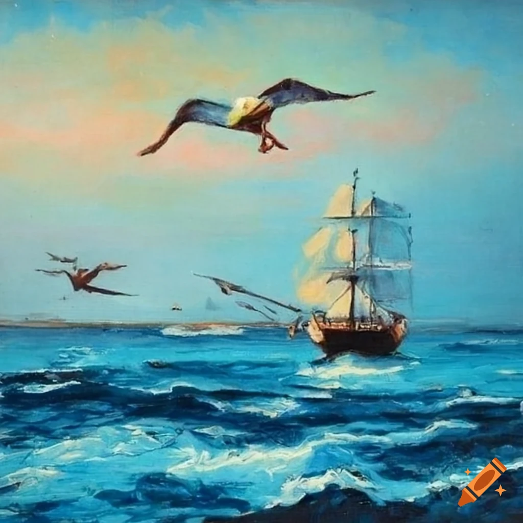 19th century painting of an albatross flying over a ship on the sea on ...