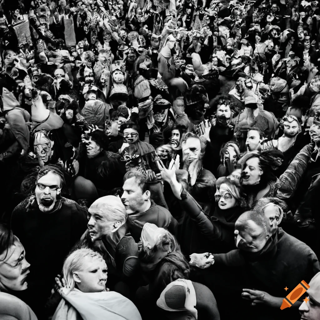 Crowd of people gathering at the base of a huge office building on Craiyon