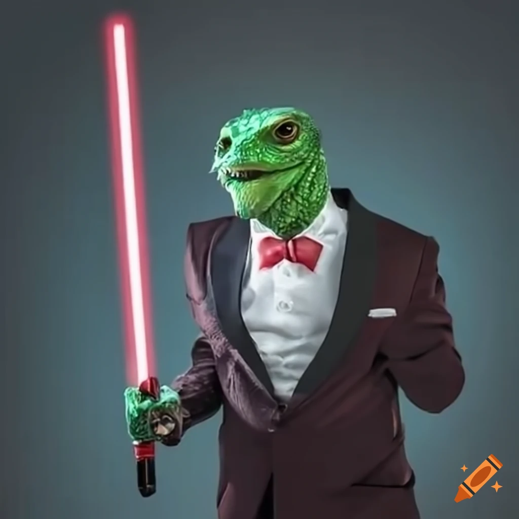 Illustration of a lizard in a tuxedo with a lightsaber on Craiyon