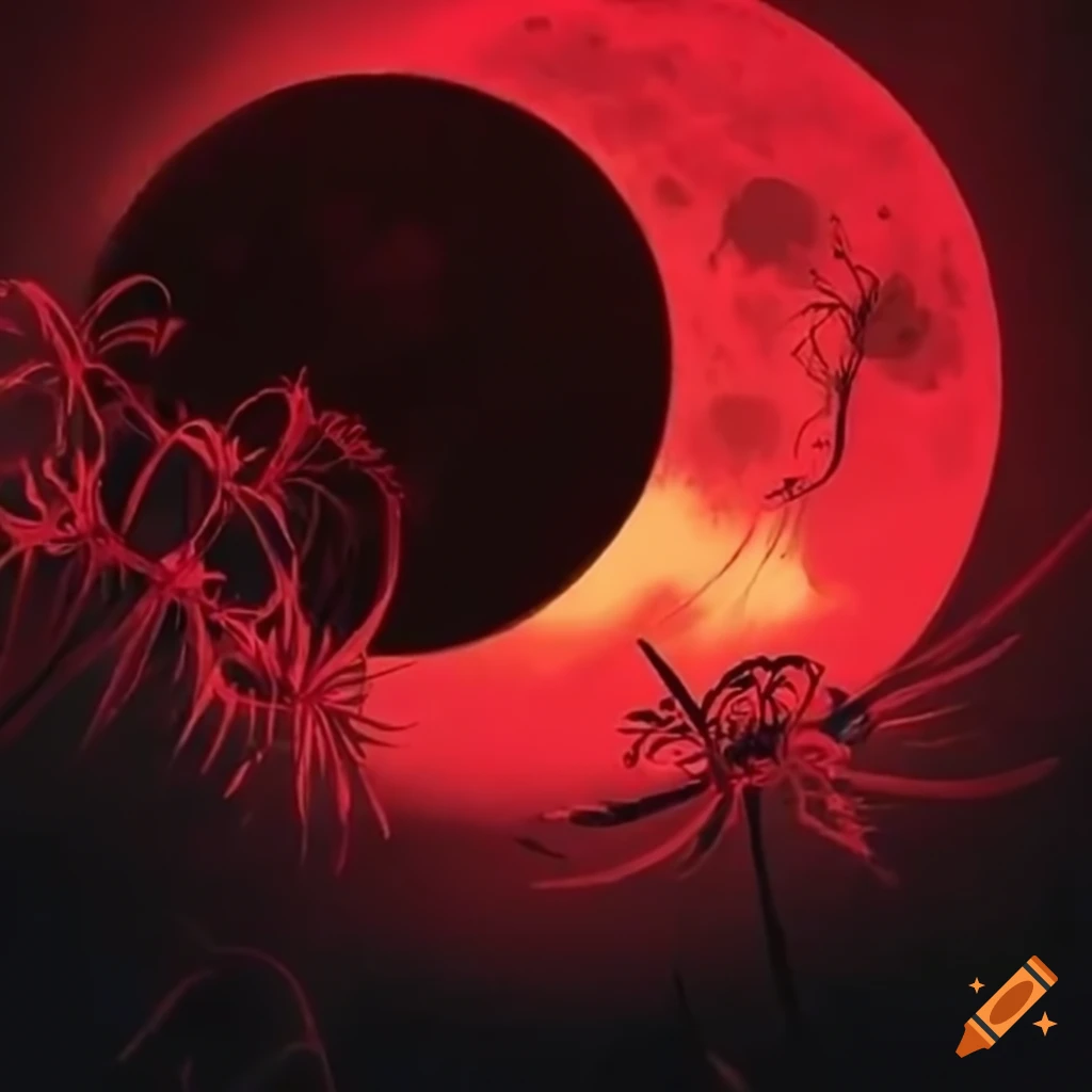 Blood moon surrounded by red spider lilies on Craiyon