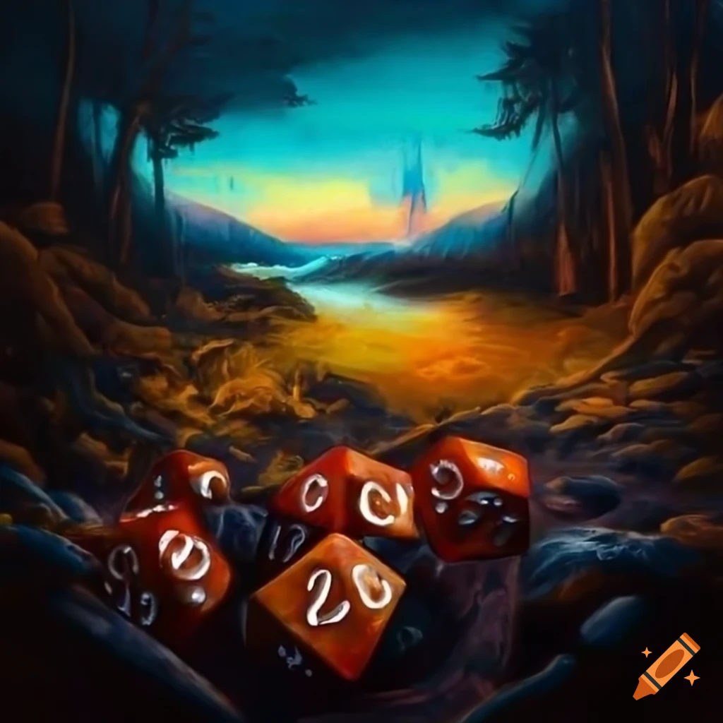 Unique landscape painting with scattered d20 dice on Craiyon