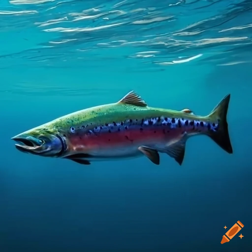 Watercolor painting of atlantic salmon in blue waters