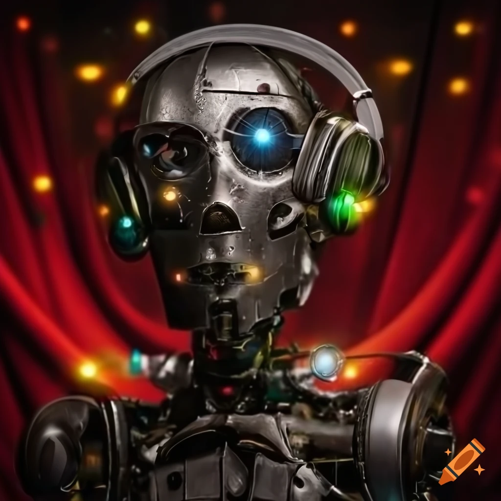 Portrait of a broken robot with headphones