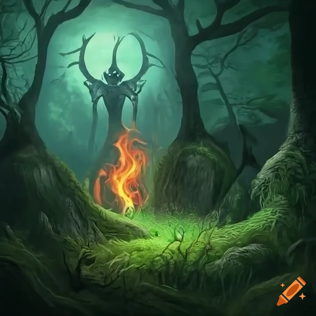 Green mana elemental walking in the forest made of wood log on Craiyon