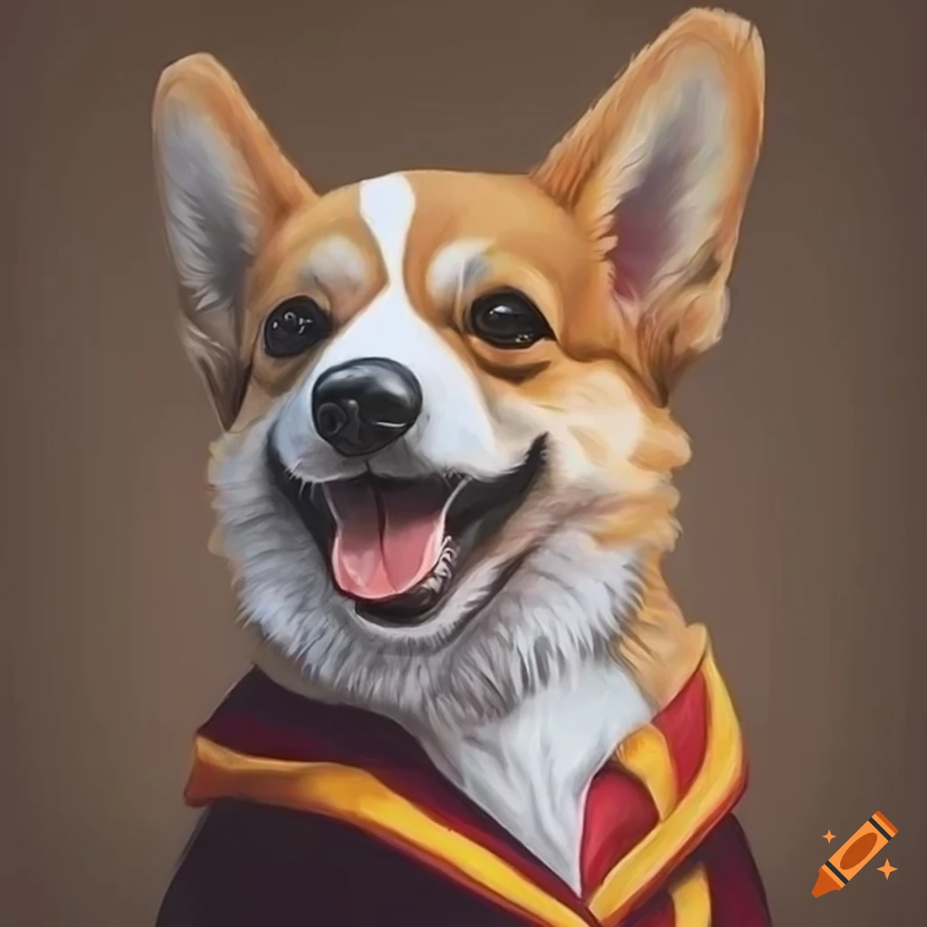Baby corgi wearing a Gryffindor robe drawing on Craiyon