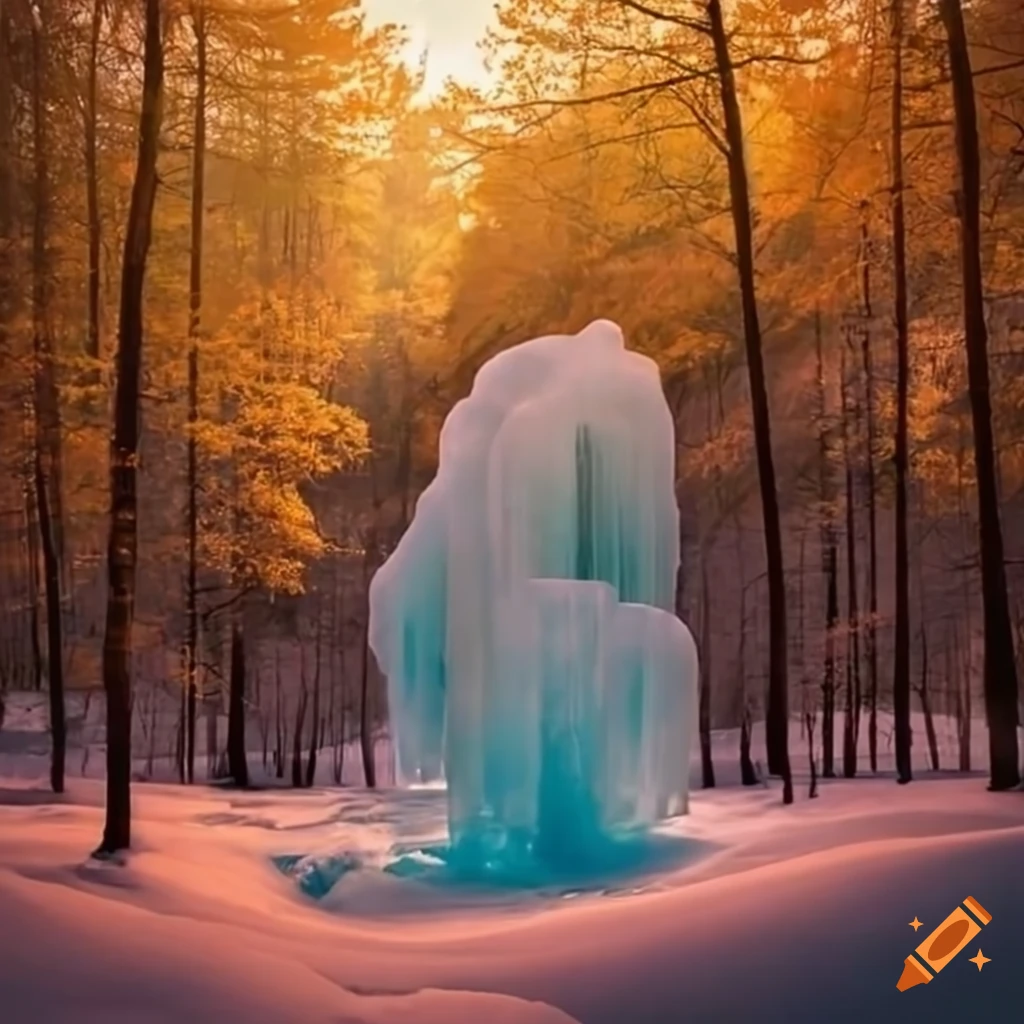 Detailed ice temple melting in autumn sunset on Craiyon