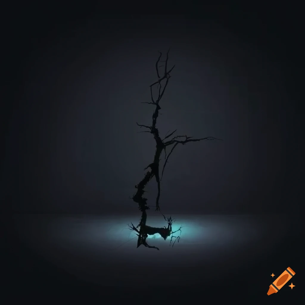 Artistic representation of a burnt tree in a black room on Craiyon