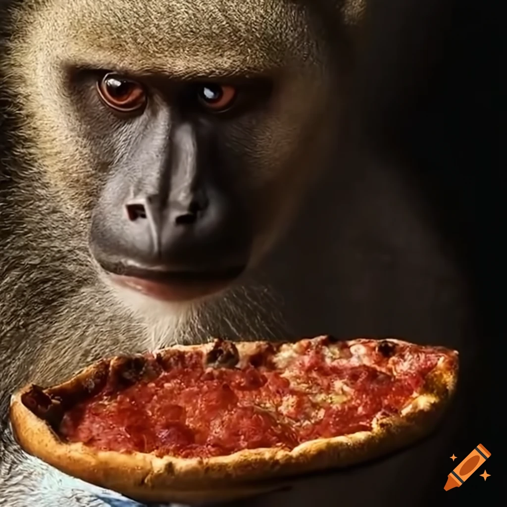 Baboon enjoying a slice of deep dish pizza on Craiyon