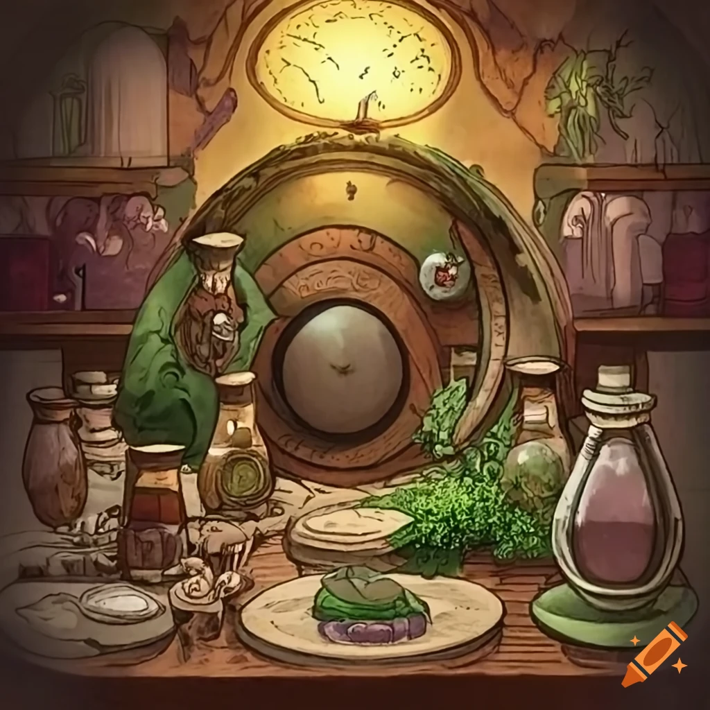 Table with herbs and potions in a hobbit doctor's office on Craiyon