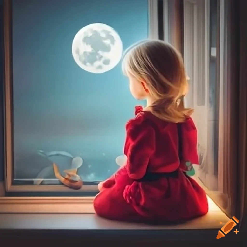 Girl sitting in window sill and looking at moon