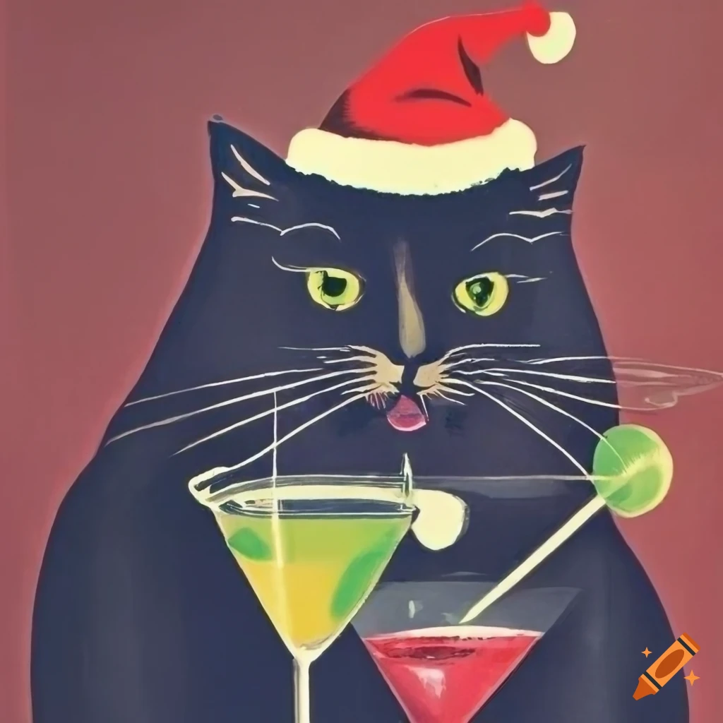 Retro illustration of a cat drinking a martini in a santa hat on Craiyon