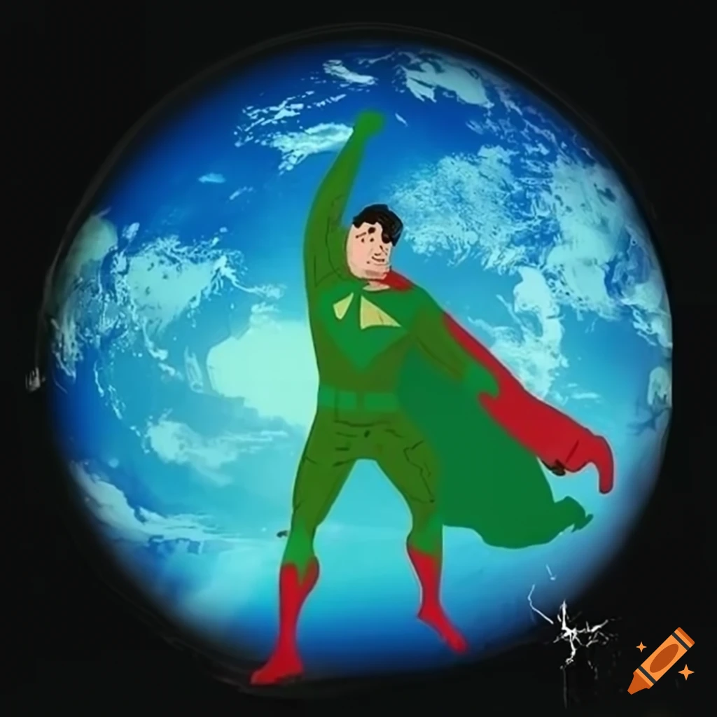 Colorful illustration of superhero fighting climate change on Craiyon