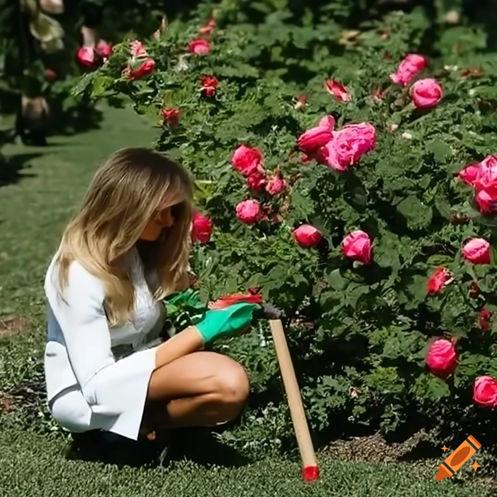 Melania trump destroying flowers in rose garden on Craiyon