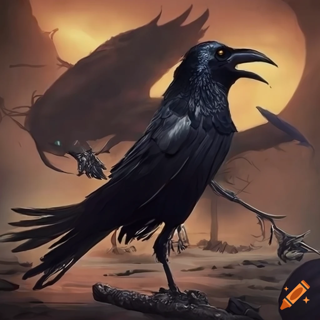 Surreal image of a heroic crow battling an army on Craiyon