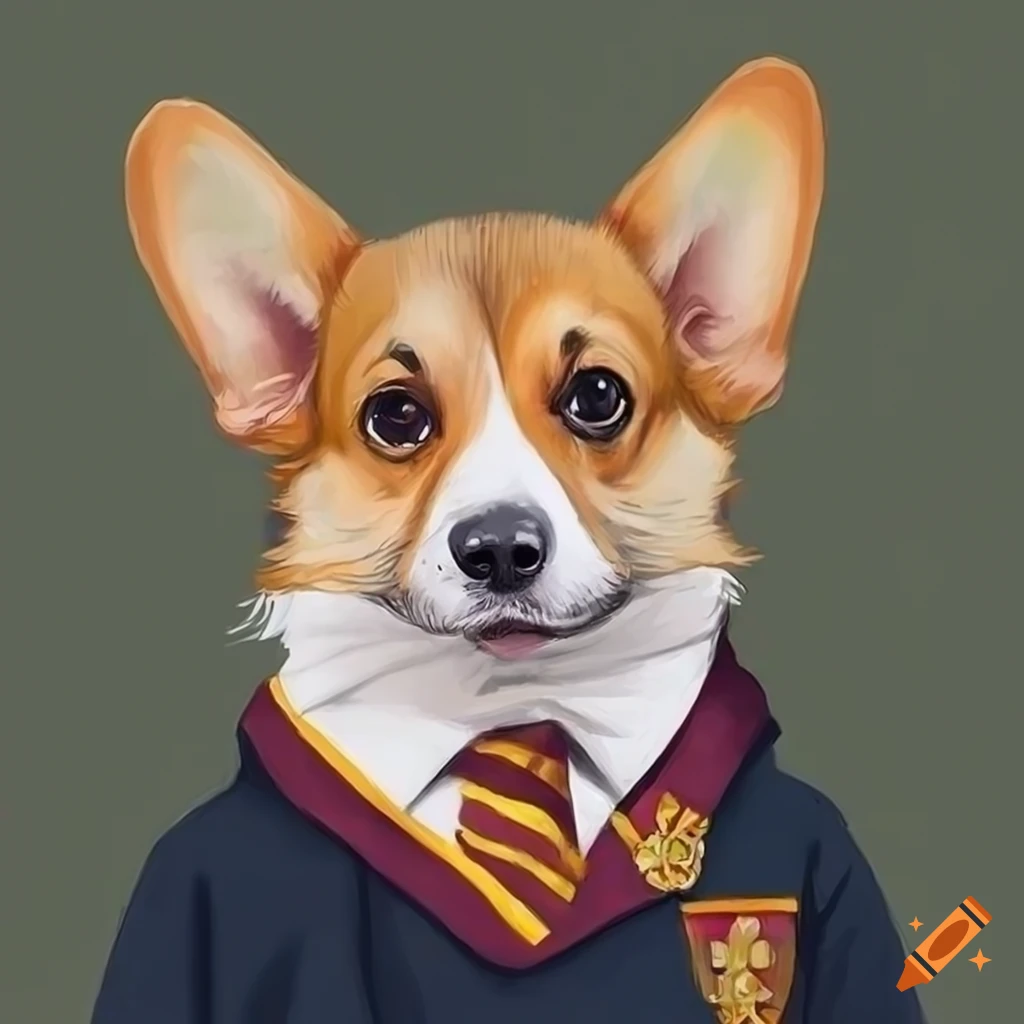 Detailed drawing of a baby corgi in Gryffindor uniform on Craiyon